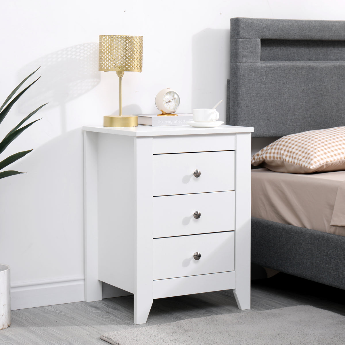 Furniture HMD White 3 Drawers Bedside Tables Nightstand Cabinet Storag