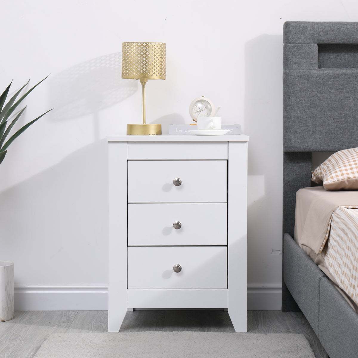 Furniture HMD White 3 Drawers Bedside Tables Nightstand Cabinet Storag